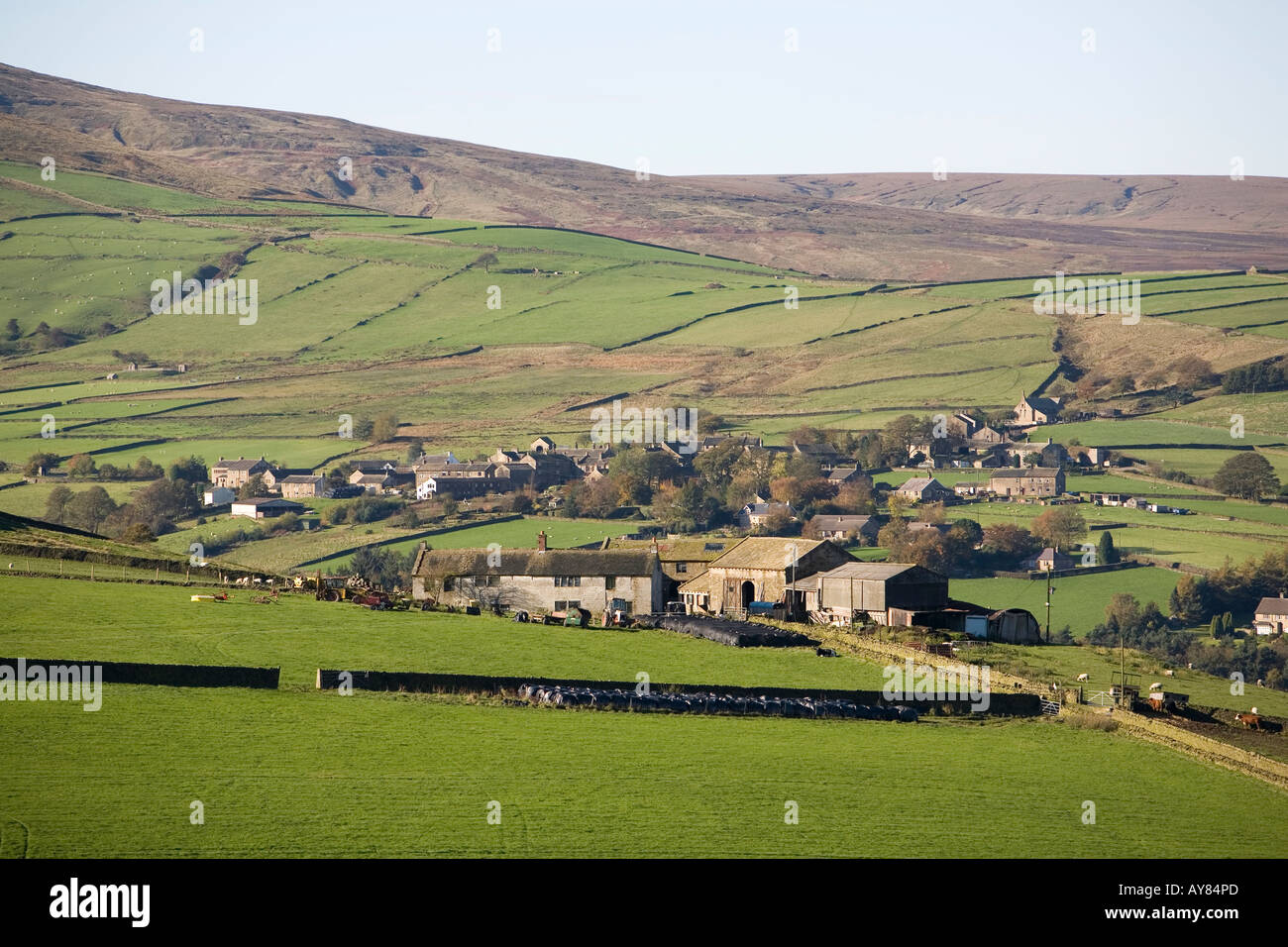 UK Yorkshire Holmfirth rural stone built hilltop farmhouse above Holme ...