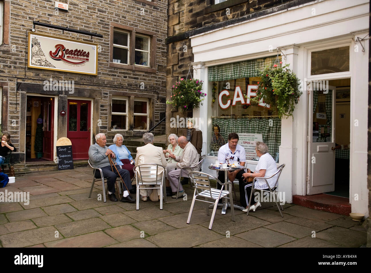 UK Yorkshire Holmfirth town centre Last of the Summer Wine customers ...