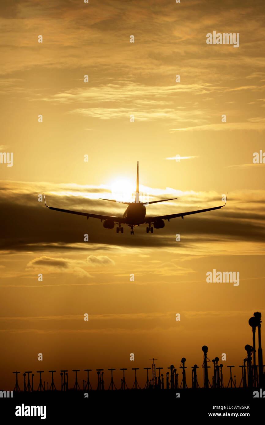 Boeing 737 aircraft landing at sunset Stock Photo - Alamy