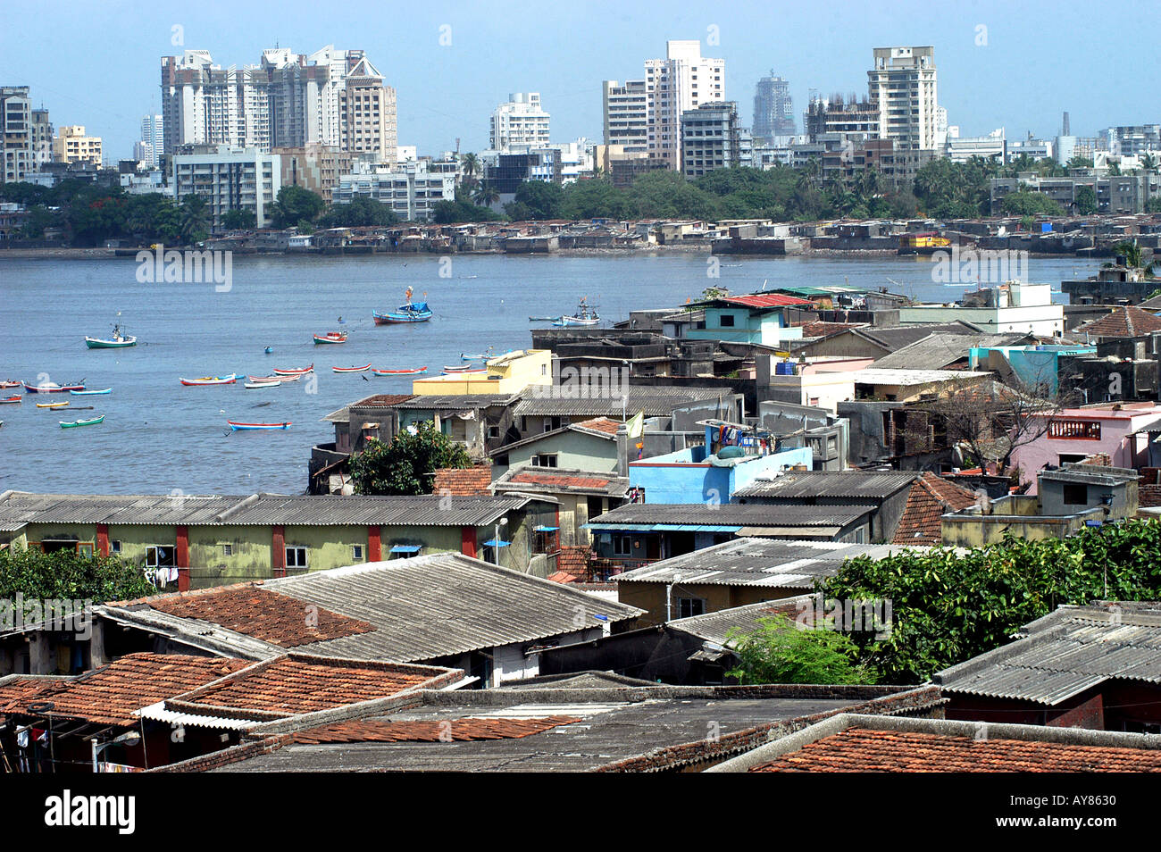 WORLI VILLAGE AT THE BASE OF WORLI FORT background MUMBAI skyline ...