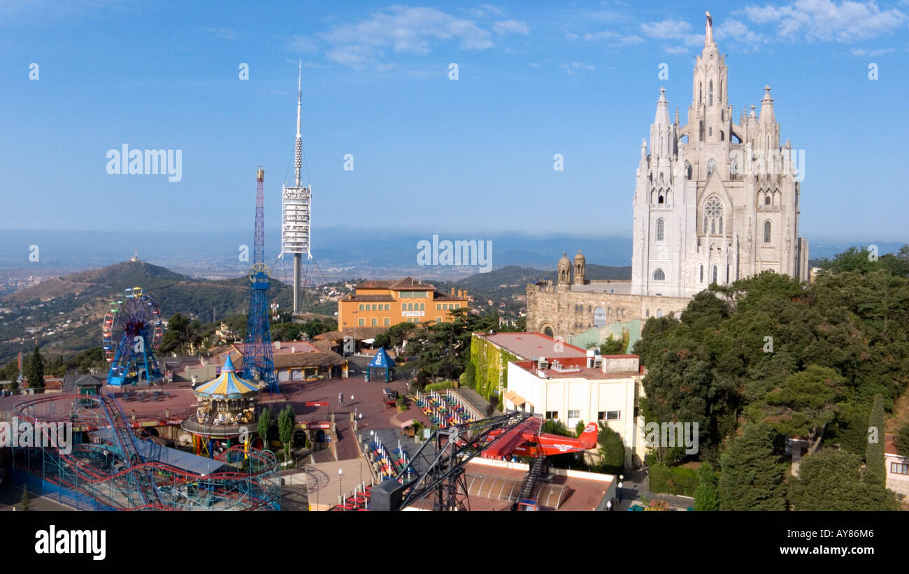 Aerial view of tibidabo amusement park and collserola communications ...