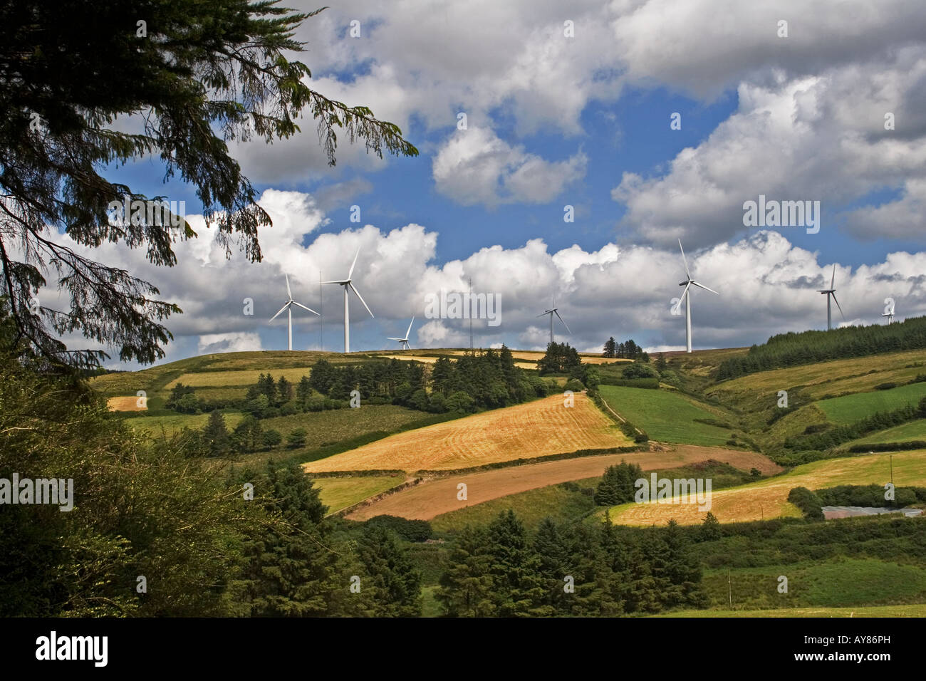 Wind power turbines on windfarm producing electricity for part of ...