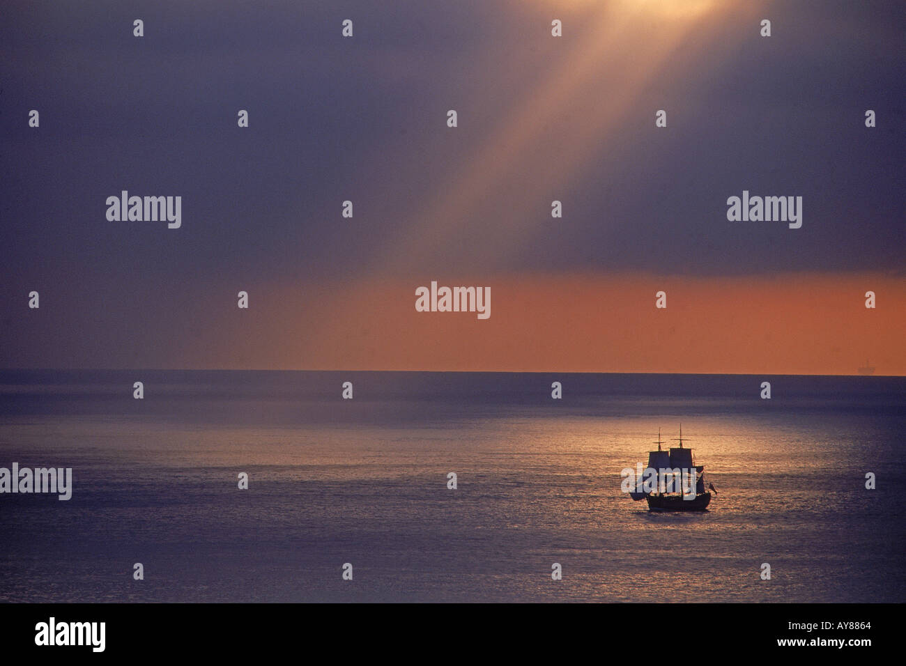 Replica of Captain Cook's ship DISCOVERY sailing along Pacific Coast at ...