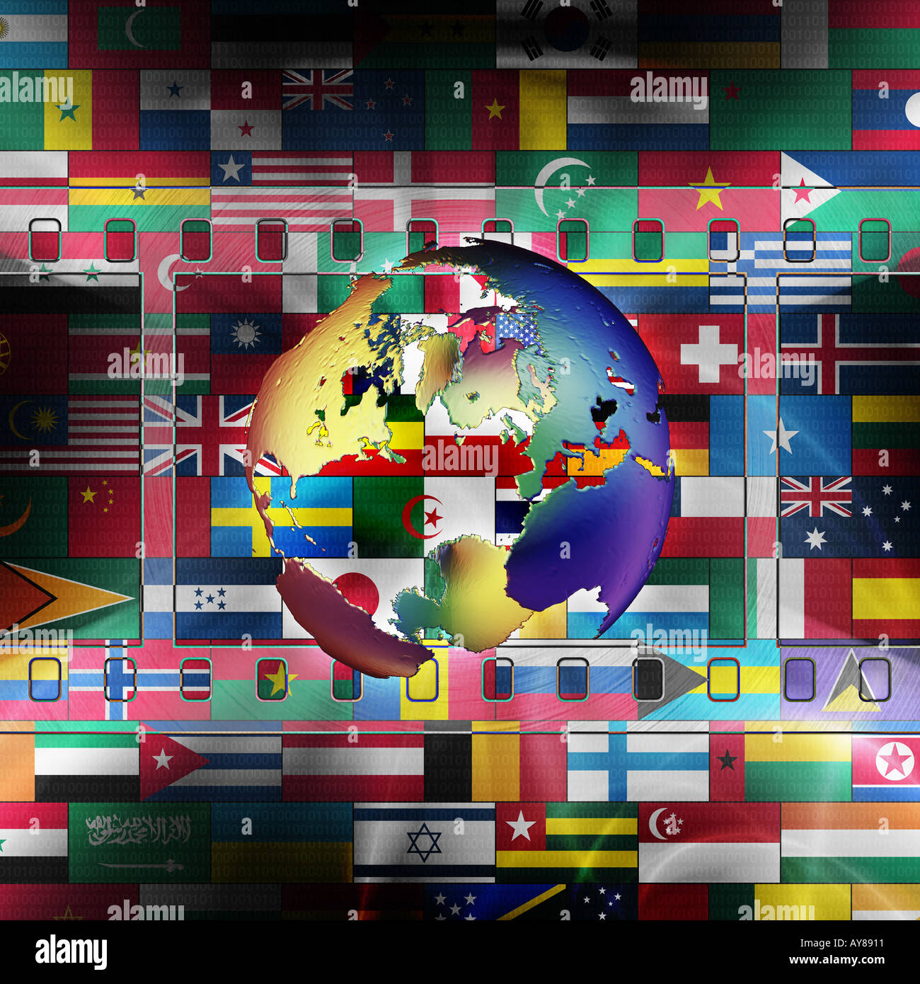 Flags globe and a film frame International Film Industry Stock Photo ...
