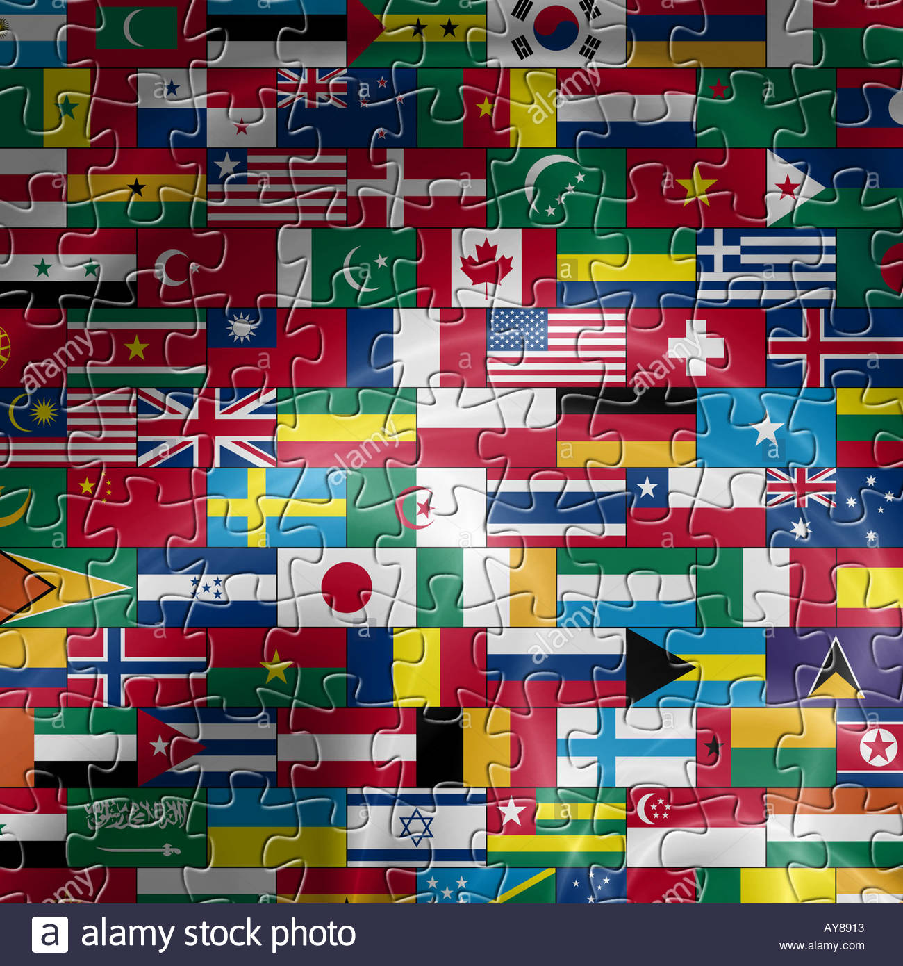 Flags of nations in an eclectic composition of jig saw puzzle pieces ...