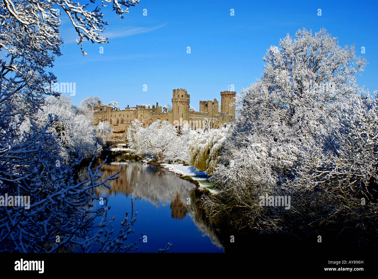 Warwick Castle and River Avon with snow, Warwickshire, England, UK ...