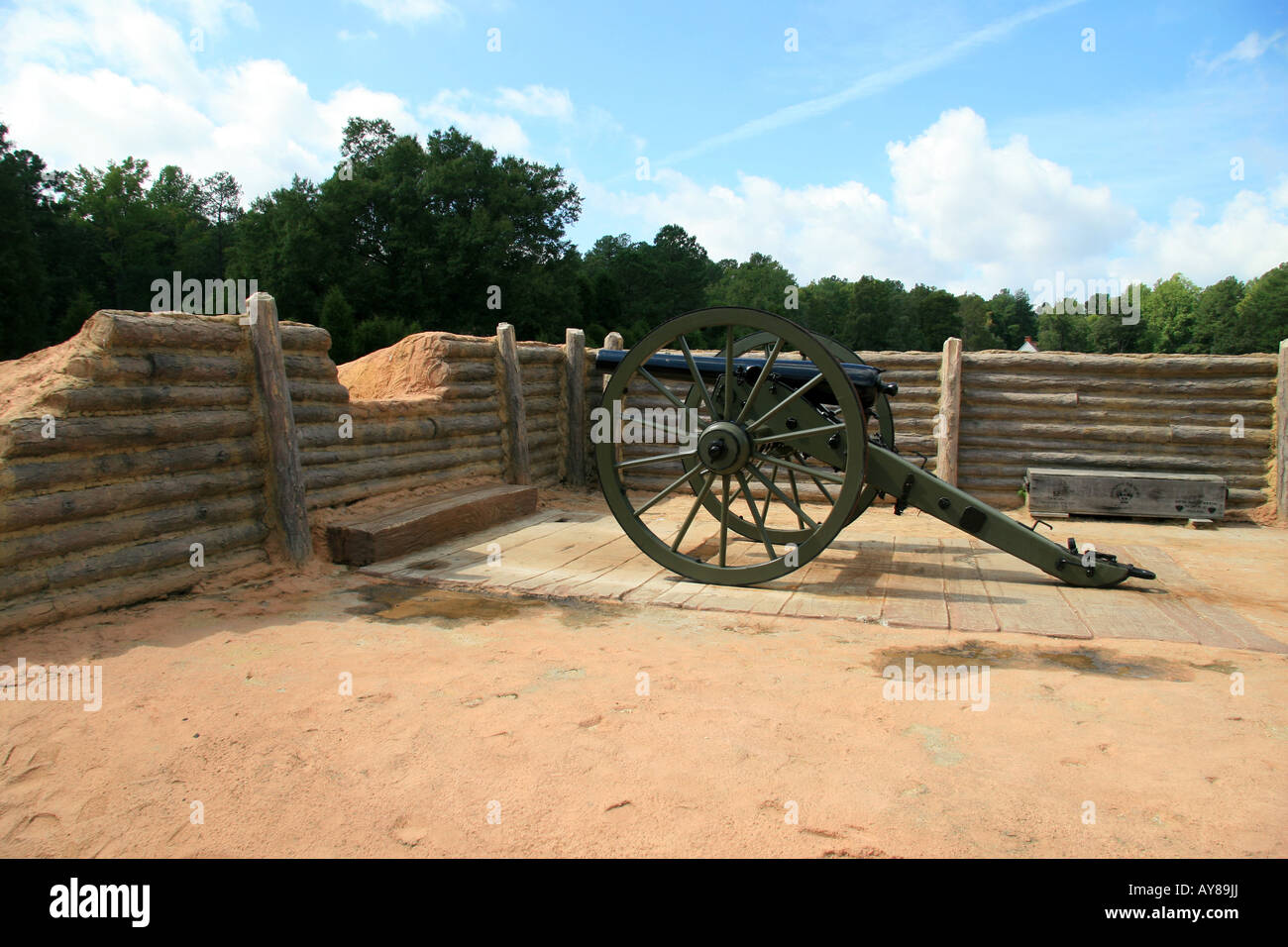 A cannon on display in a defensive position on a reproduced Civil War ...