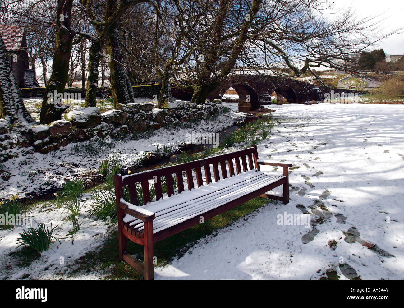 A wintery scene showing a park bench against a snowy backdrop and a ...