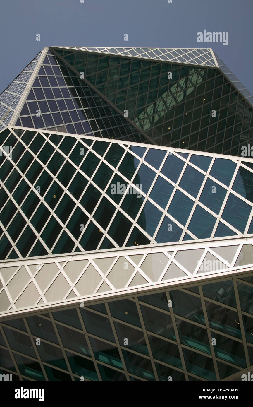 Detail view of the glass and metal facade of the new Seattle Public ...