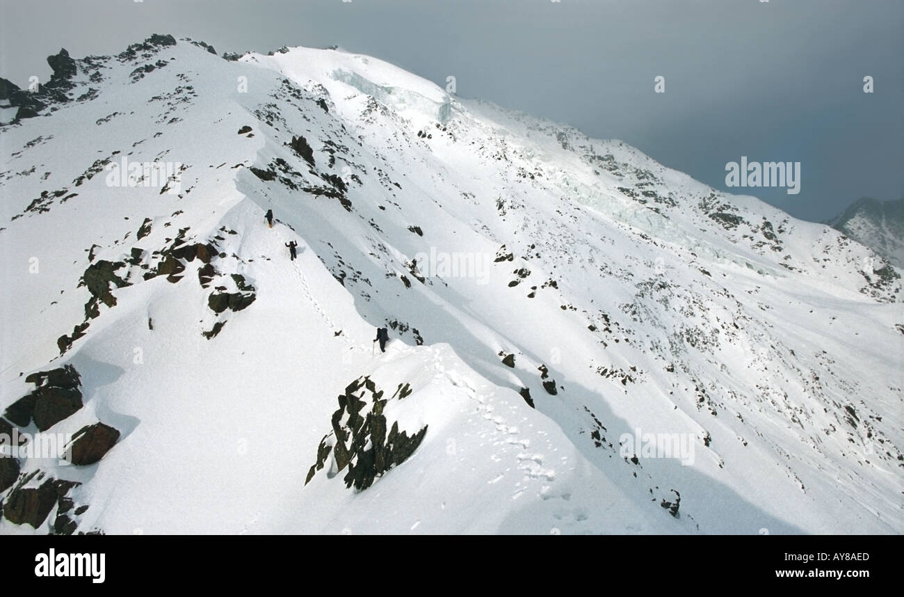 Group of mountain climbers is moving along the snow crest The Katunskiy ...
