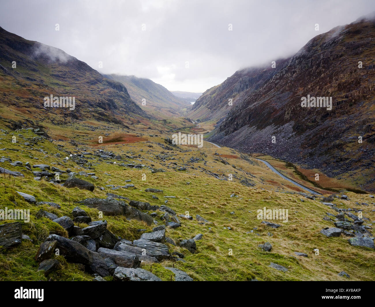 View Down Llanberis Pass valley towards Llanberis Snowdonia Wales UK ...