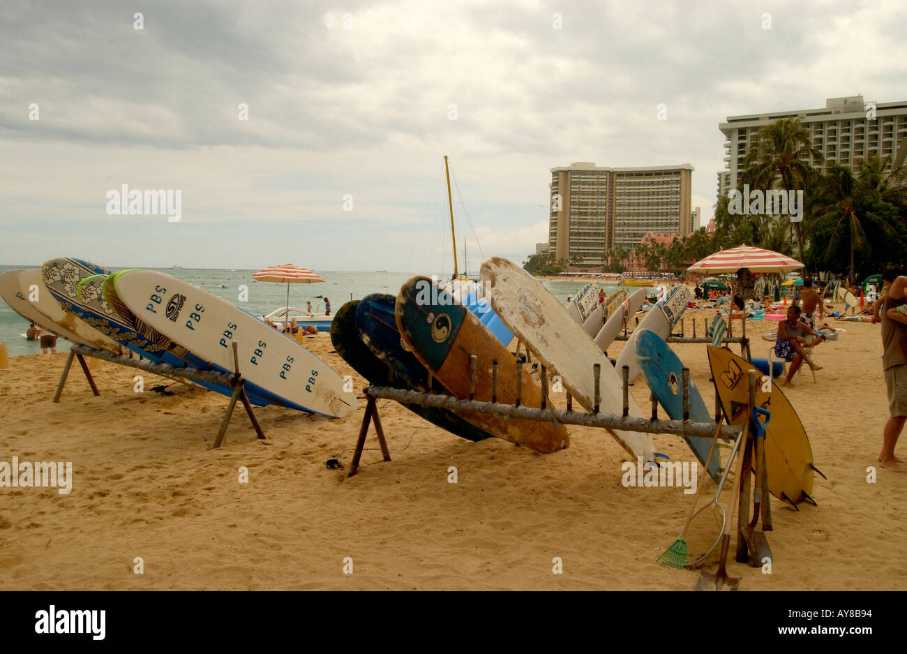 Horizontal color image of surfboards on the beach in Waikiki Stock ...