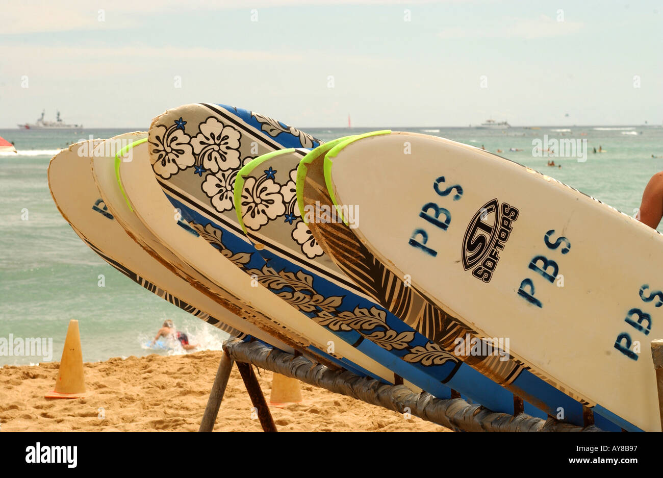 Horizontal color image of surfboards on the beach in Waikiki Stock ...