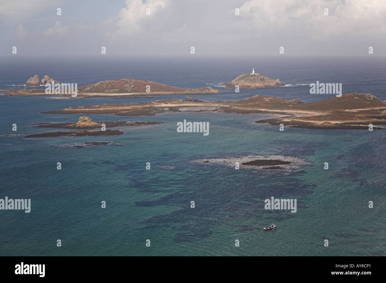 Aerial view from Isles of Scilly helicopter Round Island Lighthouse ...