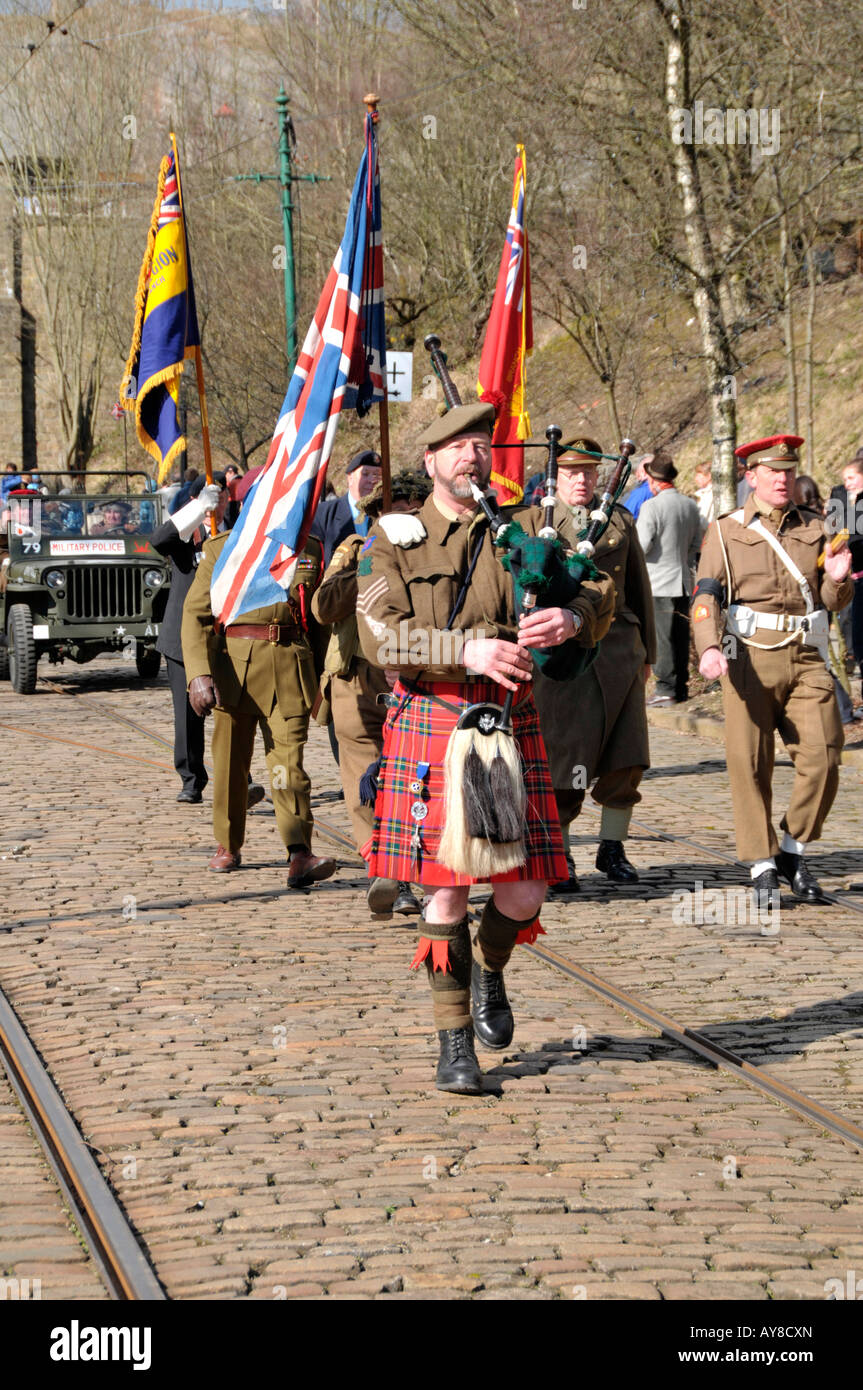 flag bearers behind piper Crich forties weekend Peak District ...