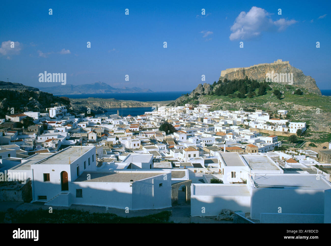 Lindos with Crusader Fort Rhodes Dodecanese Islands Greece Stock Photo ...