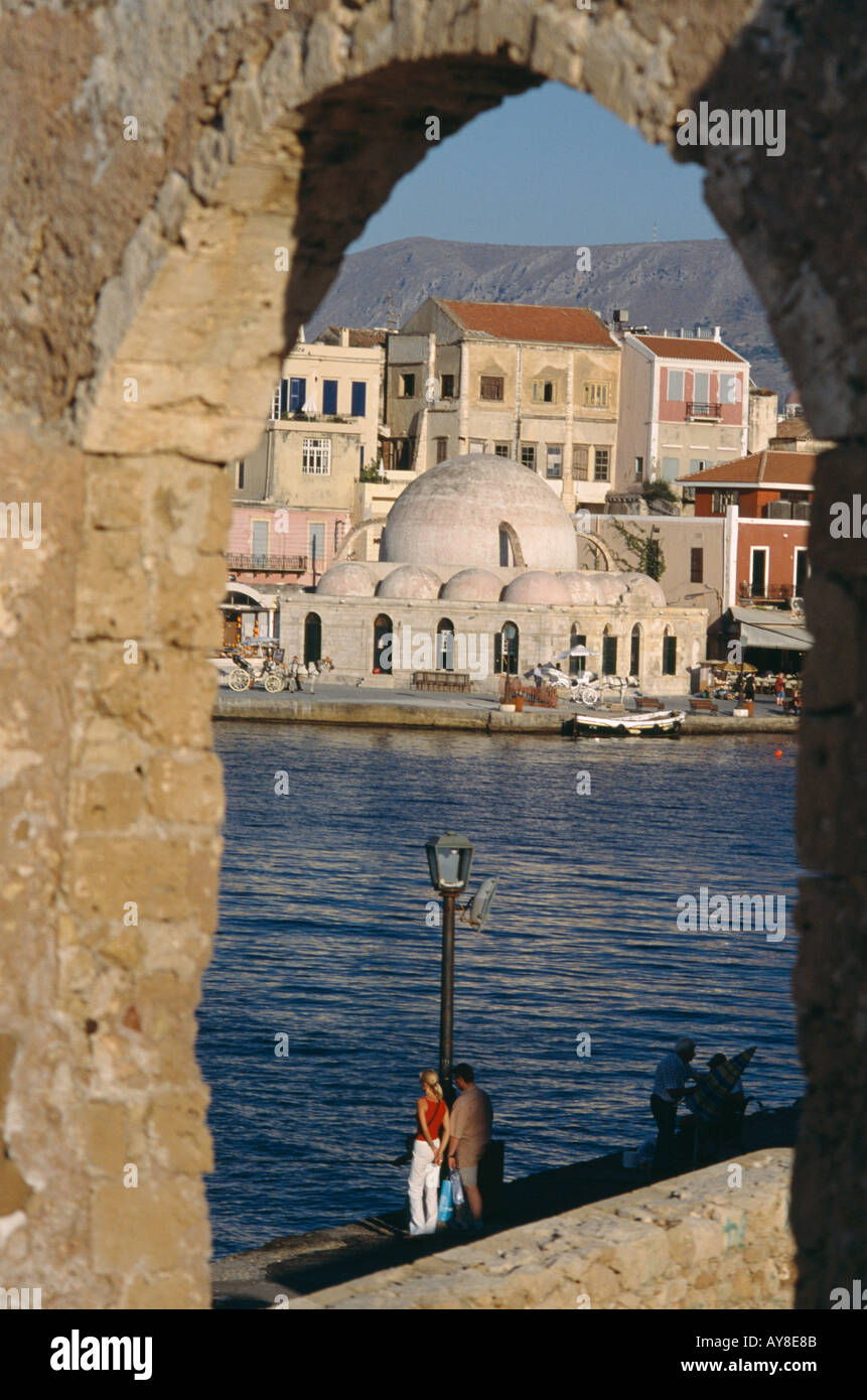 View across Harbour to Mosque of the Janissaries Hania Crete Greek ...