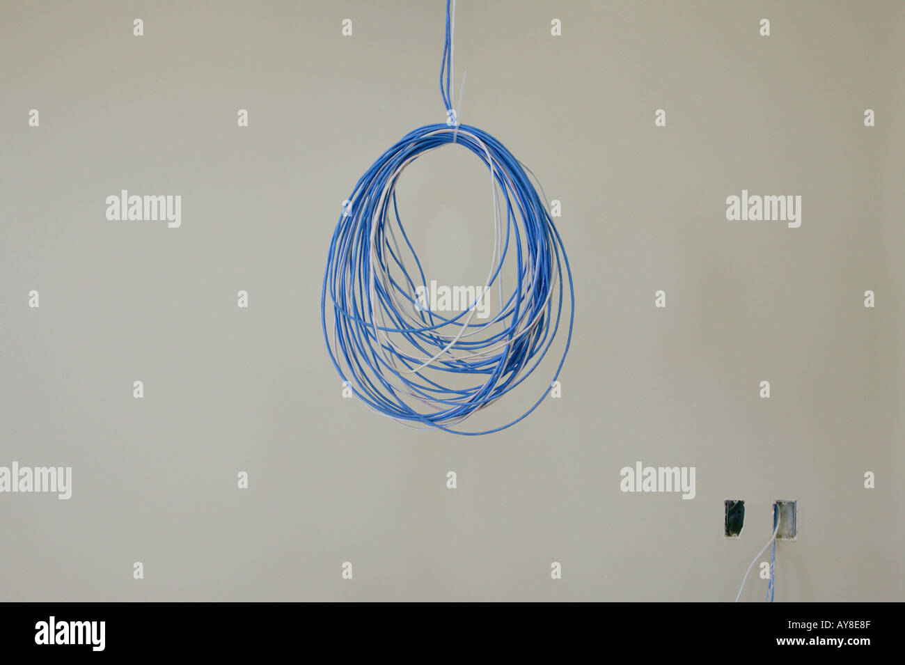 Ethernet cable hangs from ceiling awaiting installation during office ...