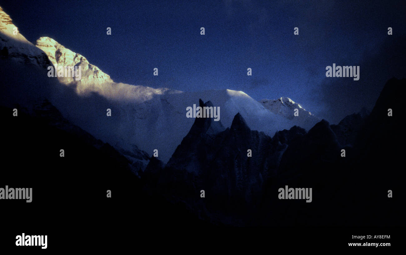 Last light on Mount Everest seen from the Rongbuk glacier in Tibet in ...