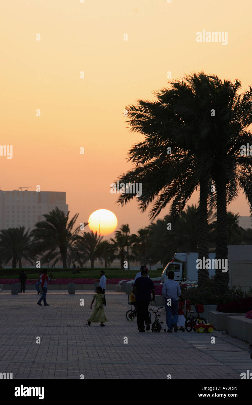 Qatar Doha Dhow Harbour Al Corniche promenade sunset Stock Photo - Alamy