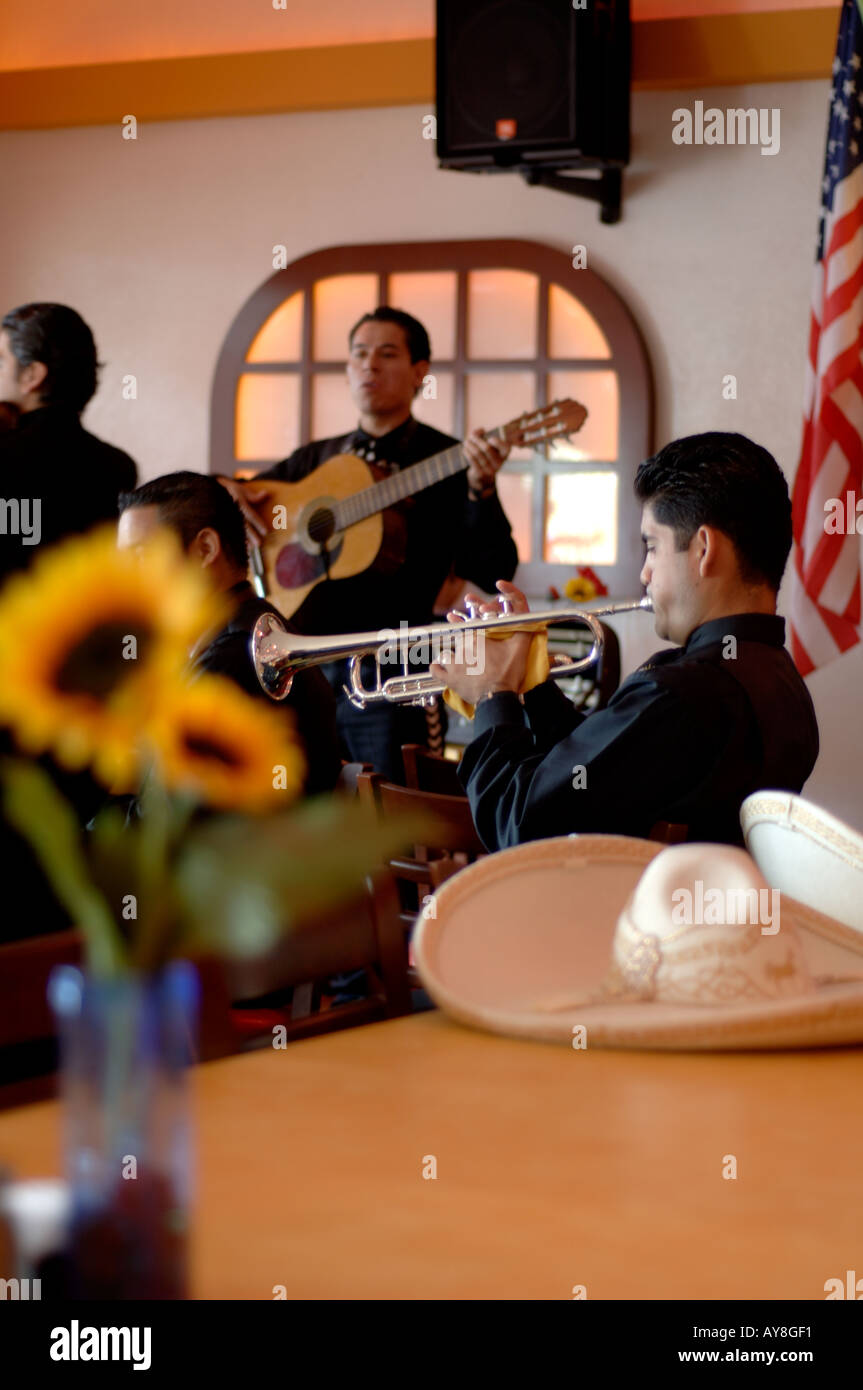Musicians playing trumpet and guitar at Mexican mariachi band Stock ...