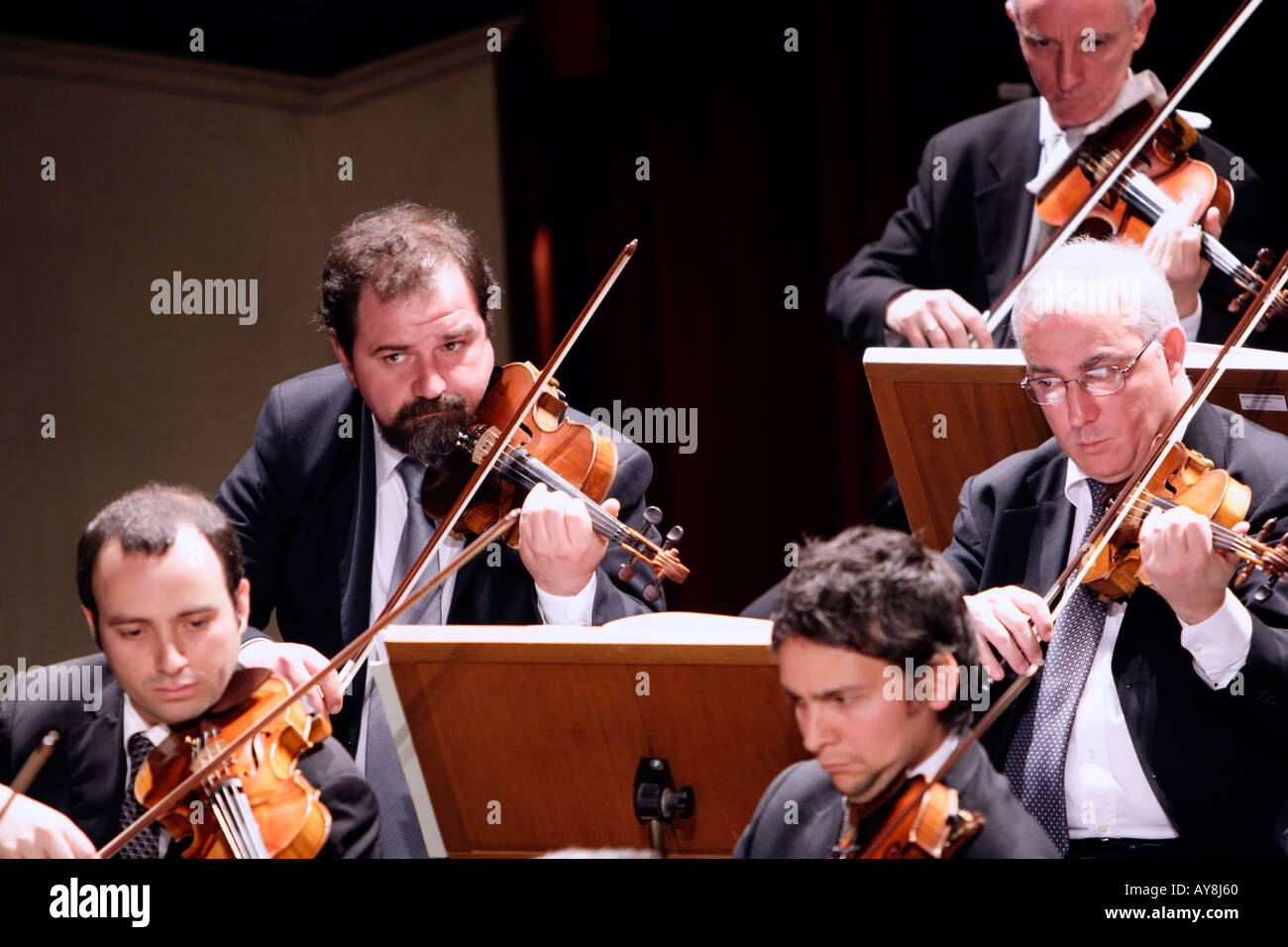 five male violinists performing with a symphony orchestra in formal ...