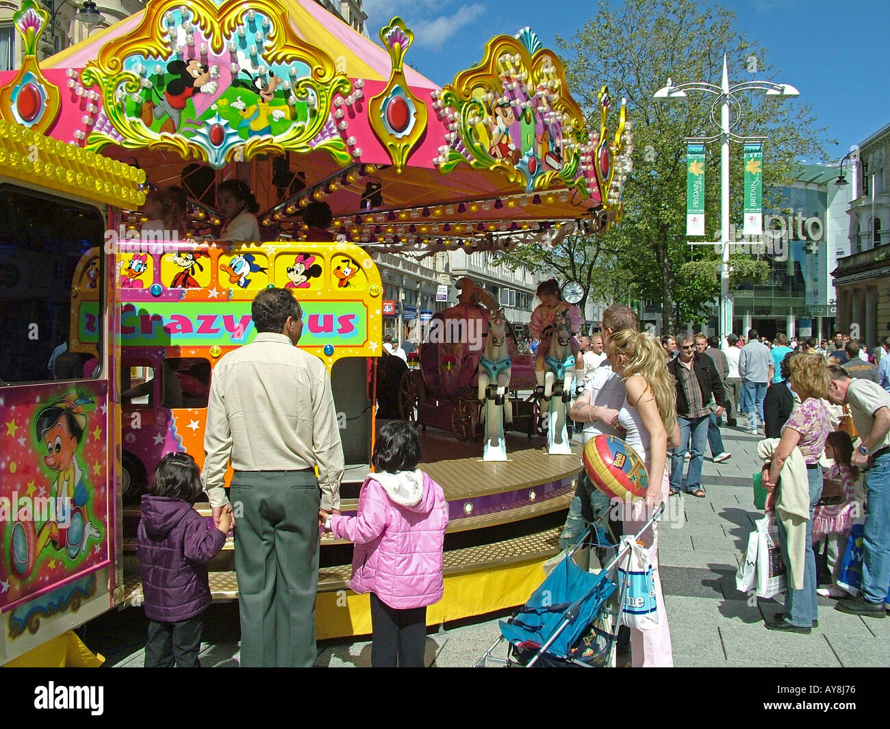Carousel in summer, Queen Street, Cardiff City Centre, South Wales ...