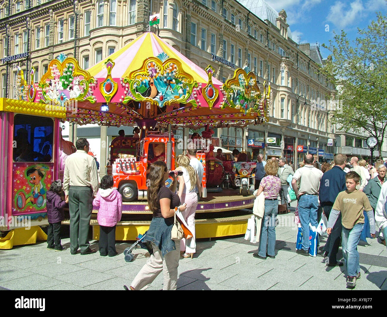 Carousel in Summer, Queen Street, Cardiff City Centre, South Wales ...