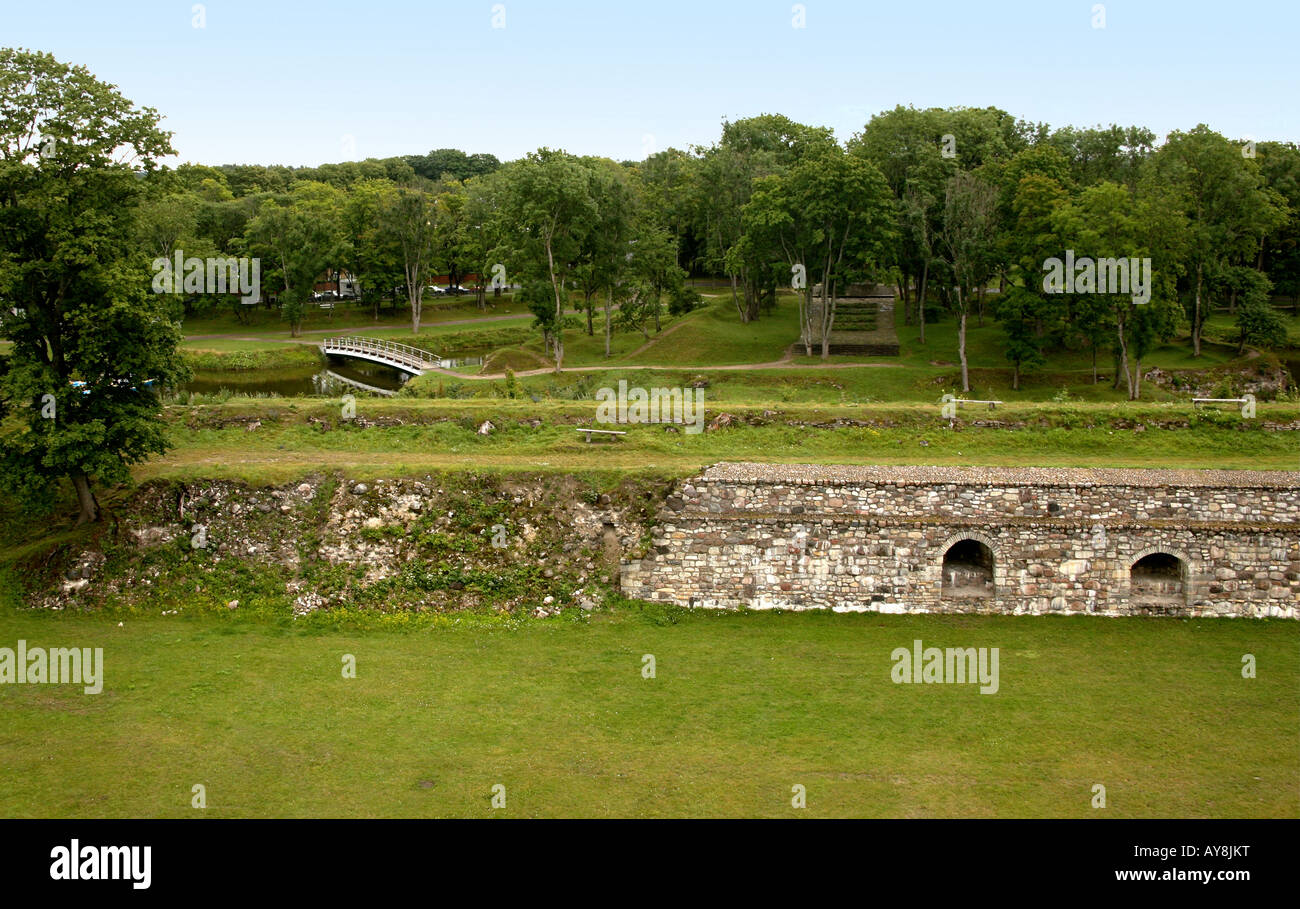 View from castle rampart, moat , bridge and green forrest Stock Photo ...