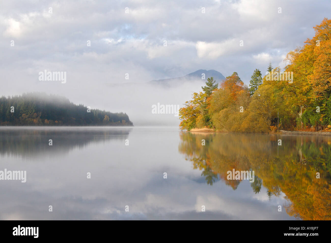 Loch Ard looking towards Ben Lomond in mist.Aberfoyle The Trossachs ...