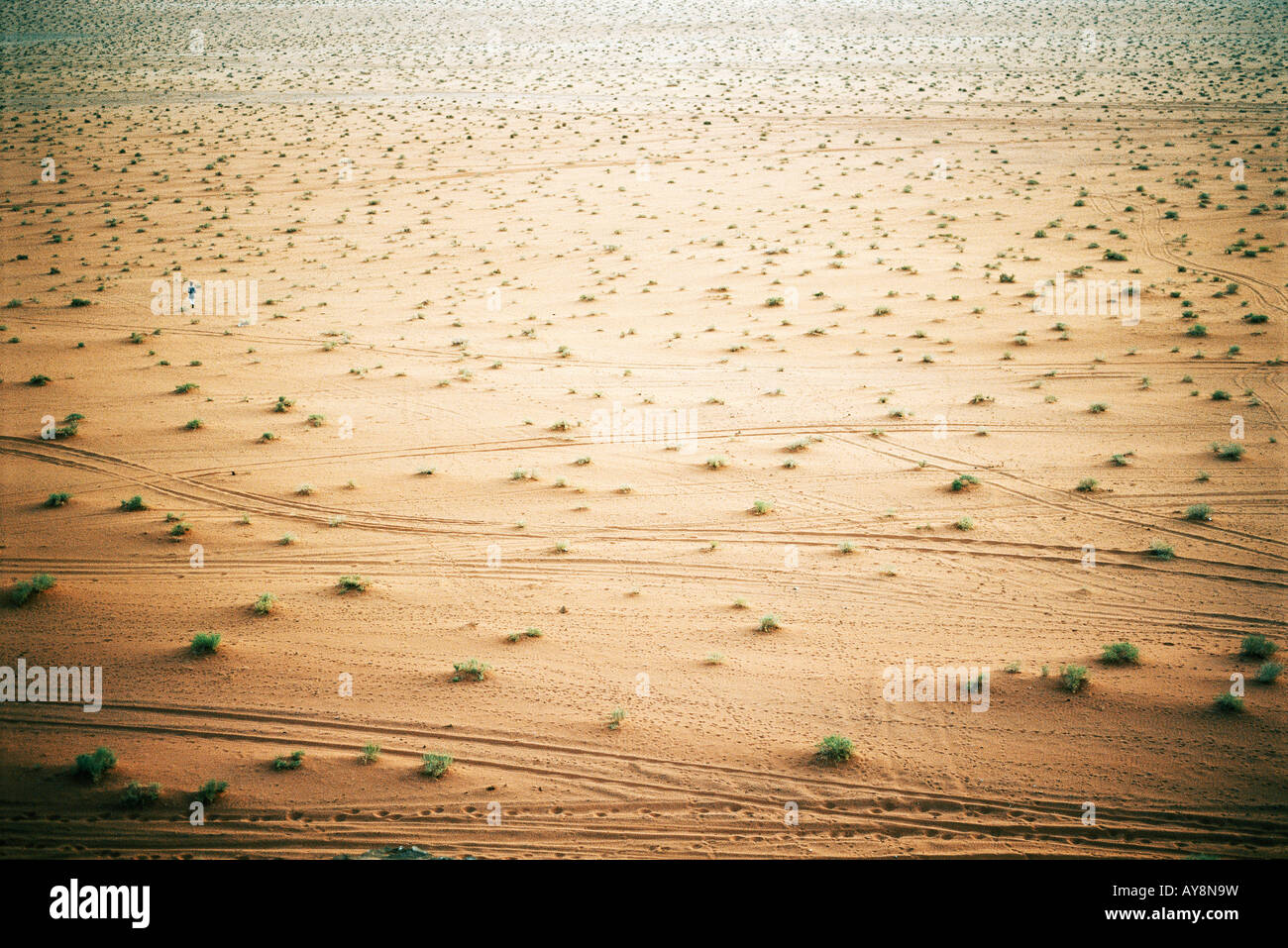 Desert landscape with tire tracks, high angle view Stock Photo - Alamy