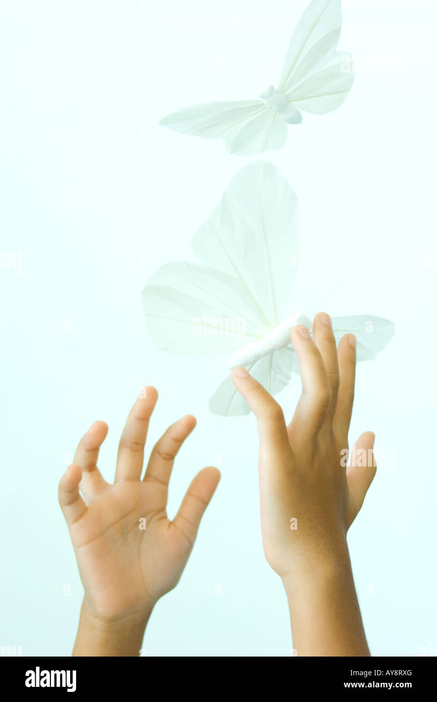 Child's hands reaching to touch butterflies, cropped view Stock Photo ...