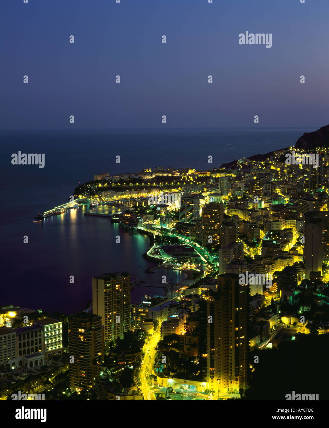 View of Principality of Monaco from Grande Corniche at night Stock ...