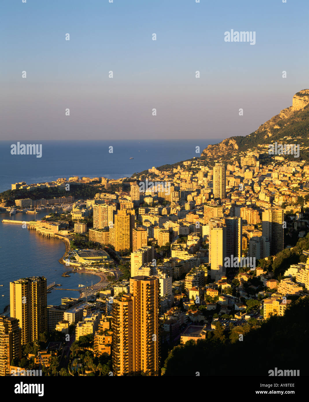 View of Principality of Monaco at sunrise from Grande Corniche "cote d ...
