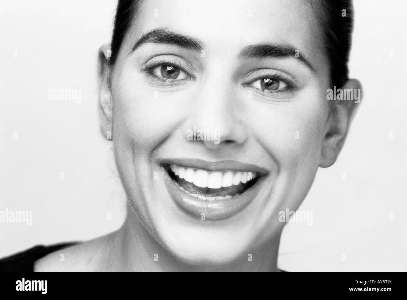 Portrait looking camera happy cheerful Black and White Stock Photos ...