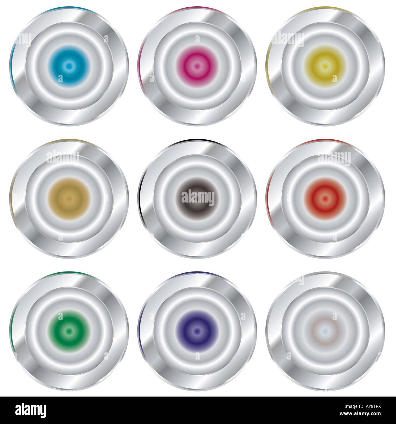collection of silver buttons with color variations and copy space Stock ...