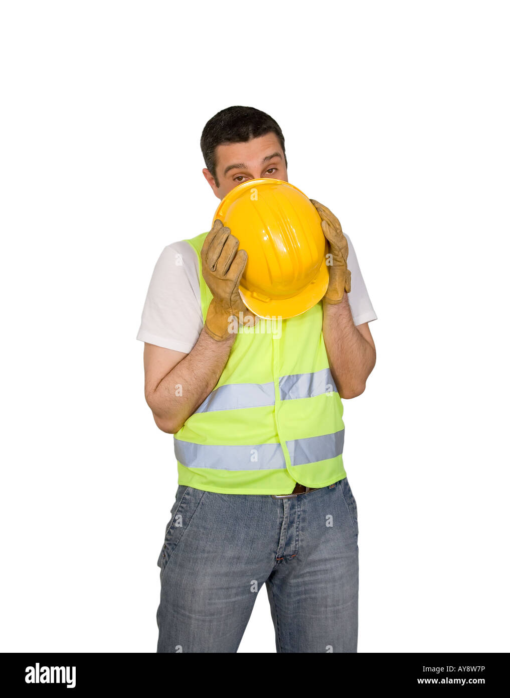 Shy construction worker isolated on white background Stock Photo - Alamy