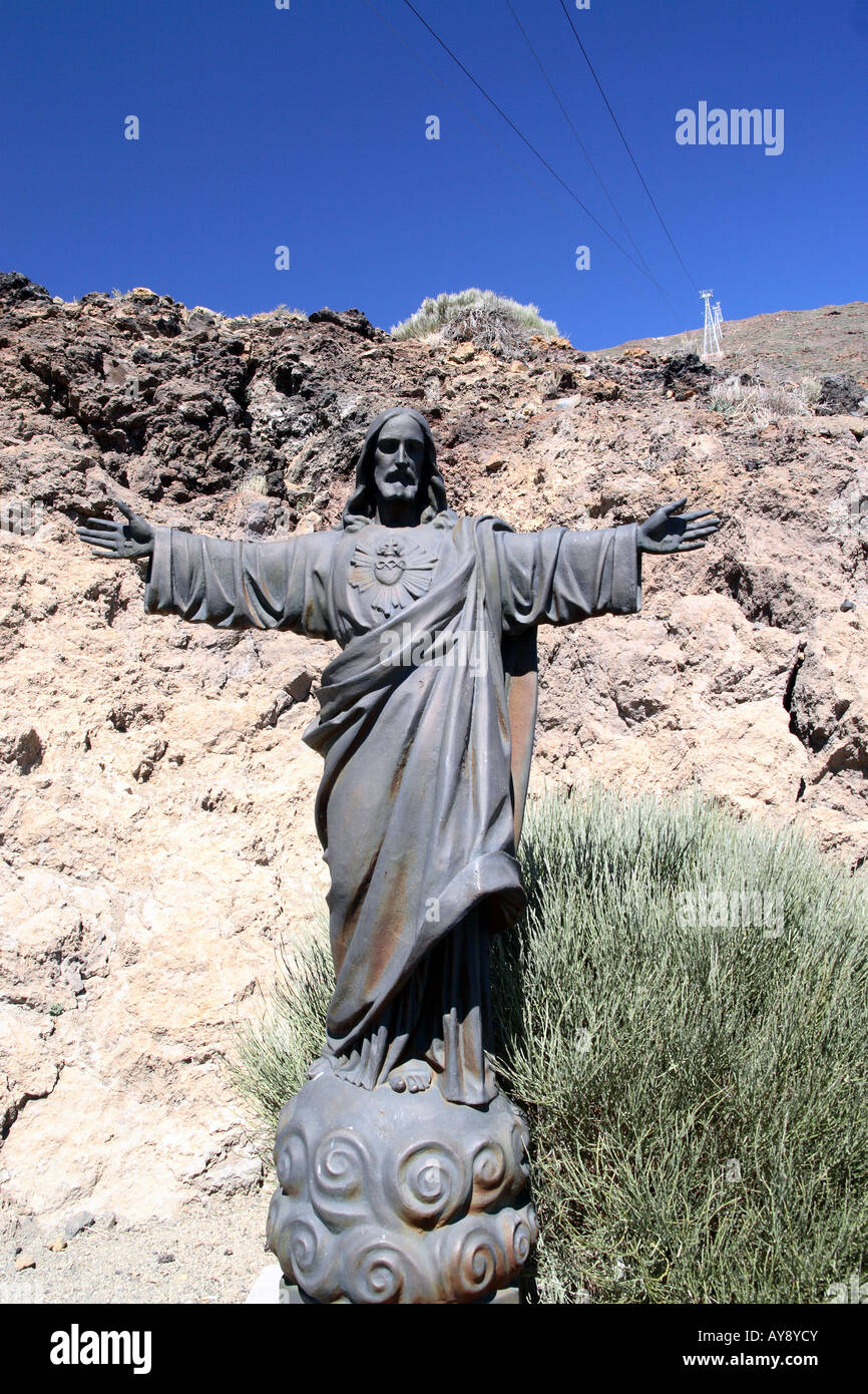A statue of Jesus Christ near the cable car station on Mount Teide on ...