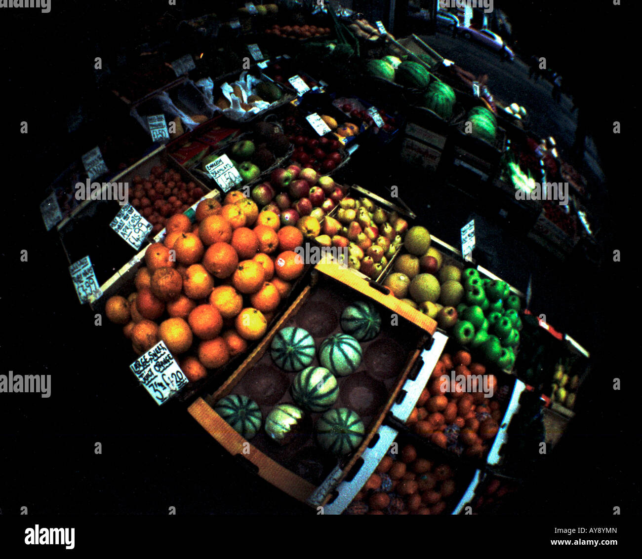 Fisheye view of fruit and vegetables on display outside London food ...