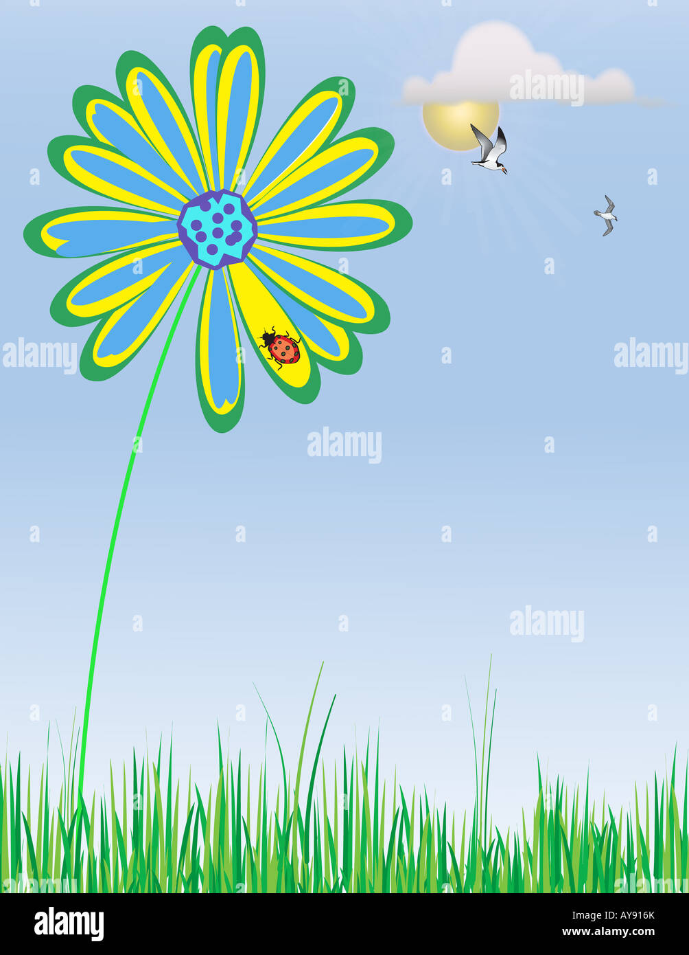 An illustration of a daisy during a spring day with birds clouds and ...