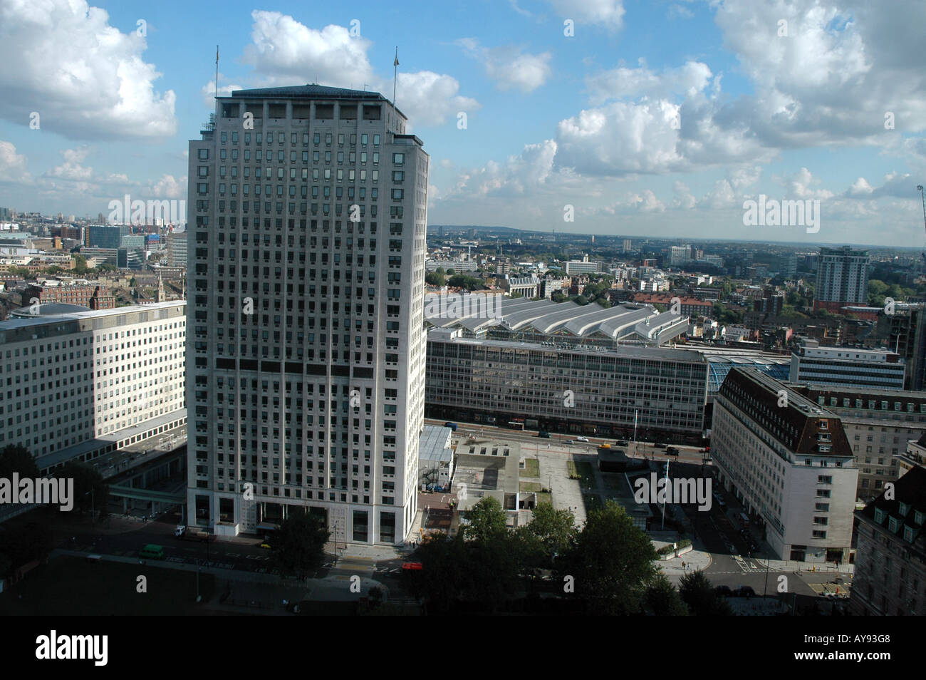 Shell Centre building and Waterloo Railway Station seen from London Eye ...