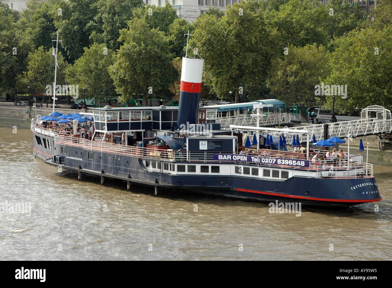 Tattershall Castle boat pub on Thames river in London, view from Stock ...