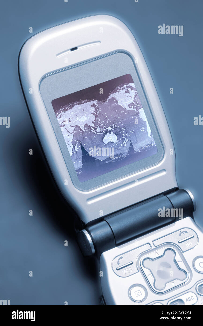 Mobile Phone with World Map on Screen Stock Photo - Alamy