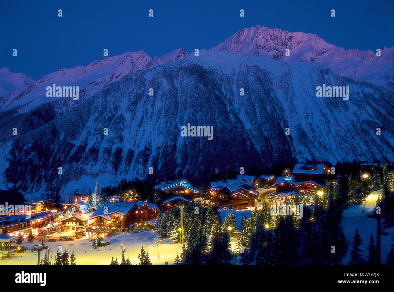 VIEW OF FLOODLIT COURCHEVEL 1850 AT NIGHT, 3 VALLEYS, TROIS VALLEES ...