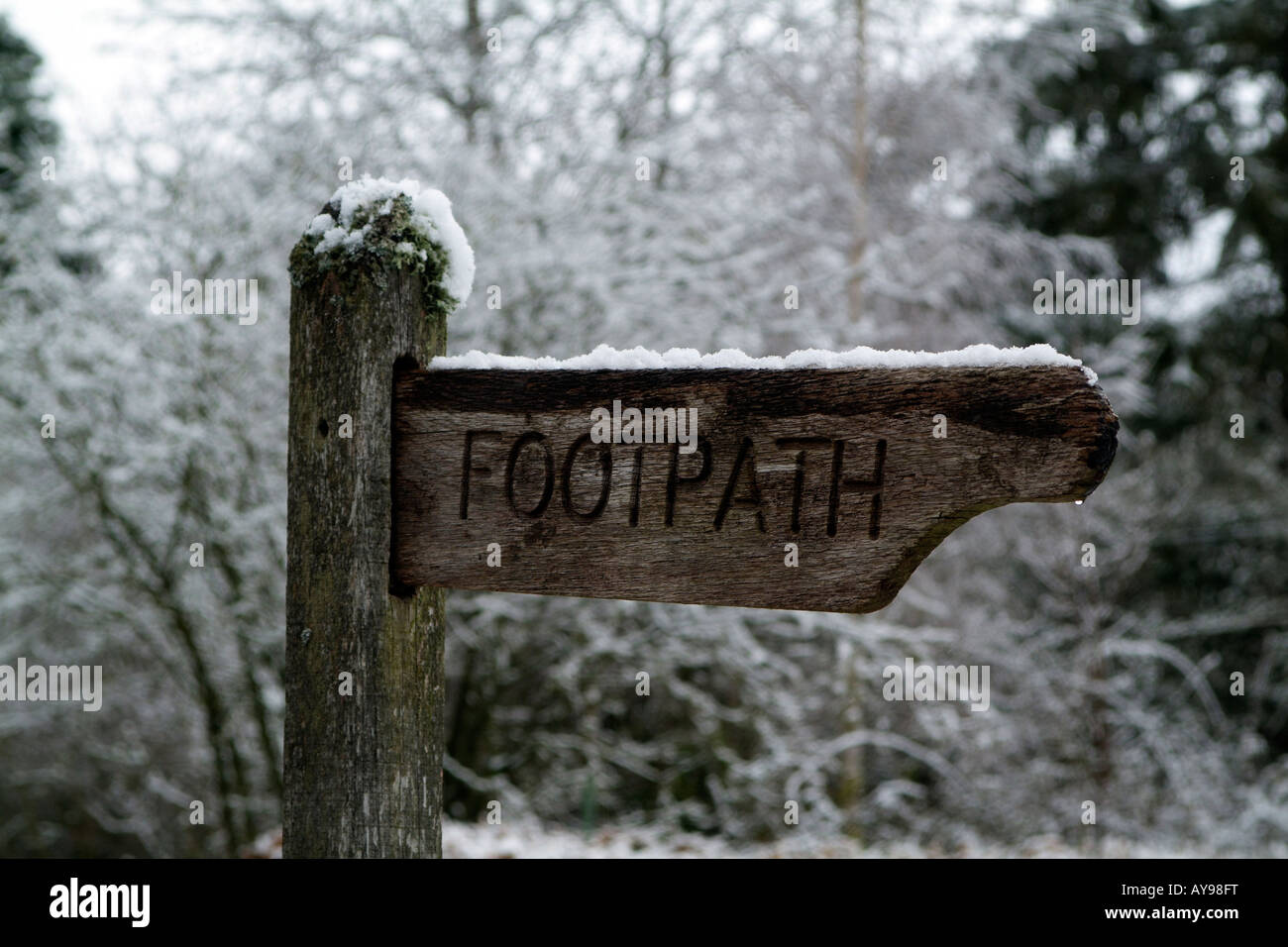 Footpath Wooden Sign Covered in Snow Stock Photo - Alamy