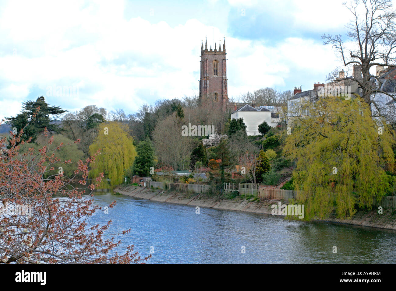 St Peters Church Tiverton Devon and the River Exe in spring Stock Photo ...