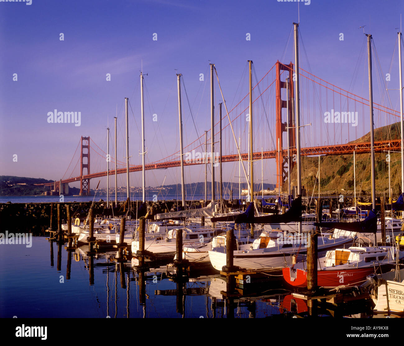 California, San Francisco, Marina overlooked by the Golden Gate Bridge ...