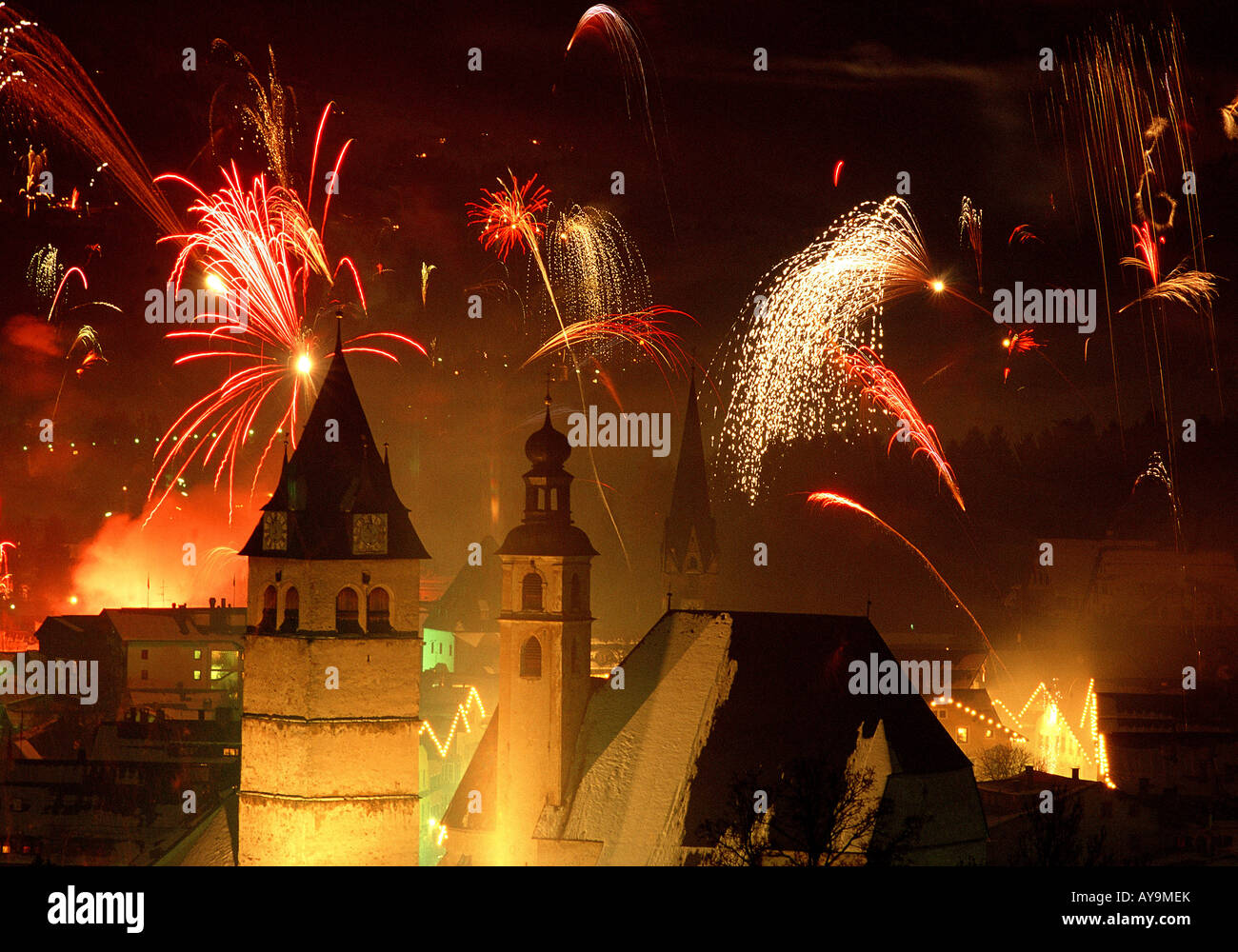 FIREWORKS GOING OFF OVER KITZBUEHEL TOWN, AUSTRIA Stock Photo - Alamy