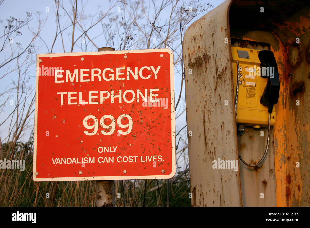 Emergency 999 Telephone Box beside the north east coast near Druridge ...