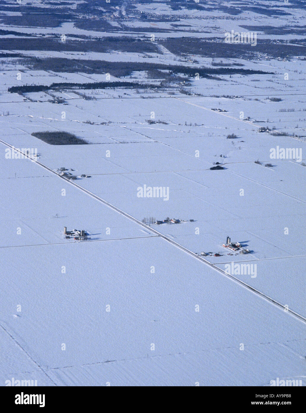 Aerial view of flat winter farmlands of the Ottawa Valley Eastern ...